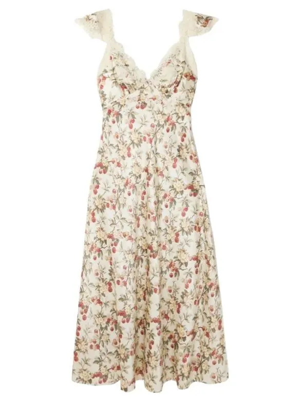 DÔEN Floral Print Lace Trimmed Midi Dress - Nude
