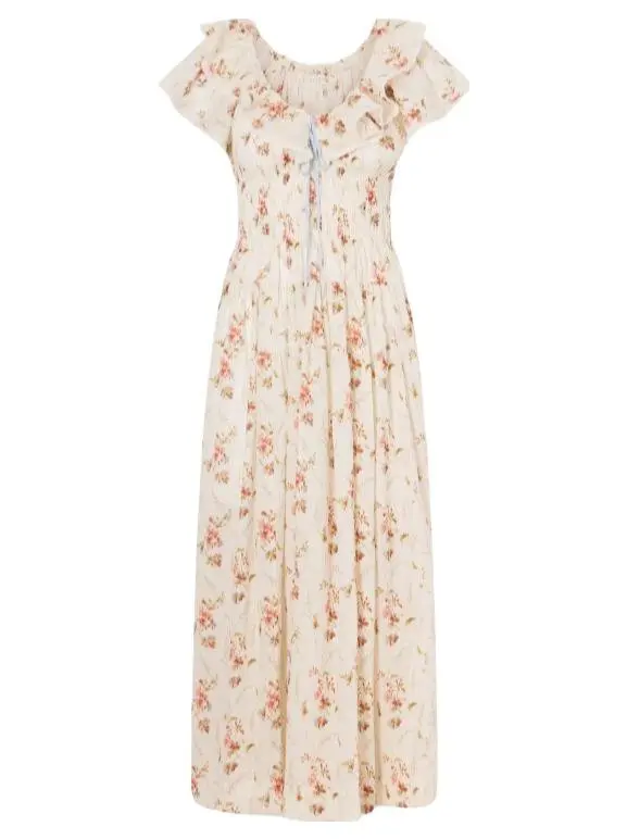 DÔEN Lace Floral Tiered Midi Dress - Nude