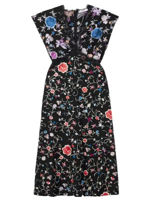 Sea Embroidered Crepe Midi Dress With Lace Trim - Black