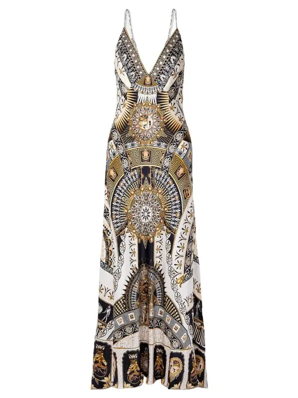 Camilla Printed Silk-satin Maxi Dress With Embellished Straps - Gray