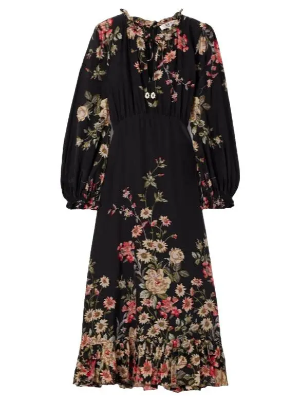 Sea Ruffled Floral Print Midi Dress - Black