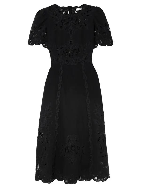 Sea Embroidered Mid-length Dress With Puffed Sleeves And Scalloped Hem - Black