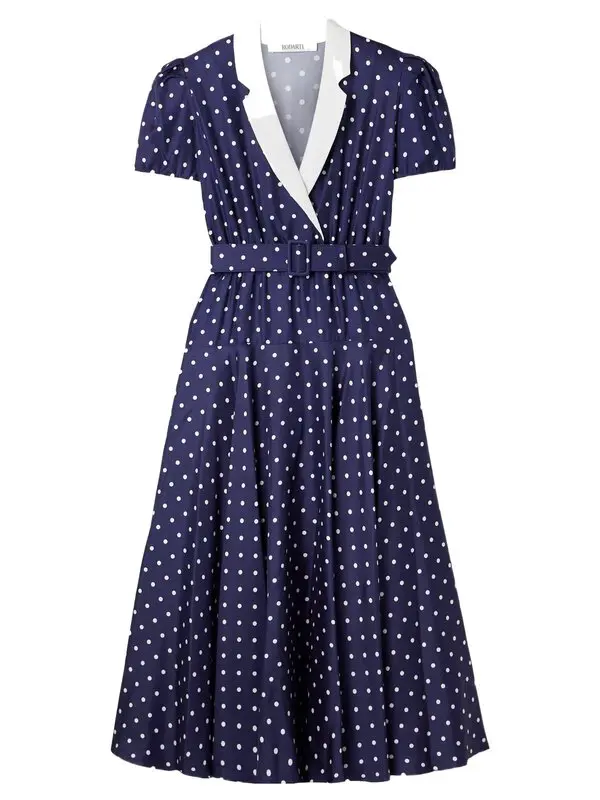 RODARTE Belted Polka Dot Midi Dress With Crepe De Chine Trim - Black