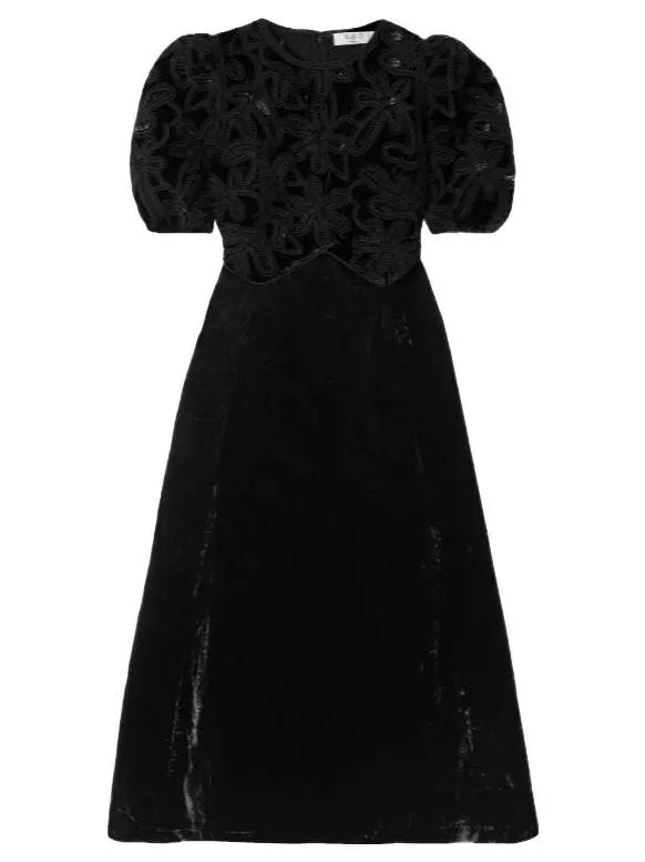 Sea Embroidered Lace-trimmed Puff Sleeve Midi Dress - Black