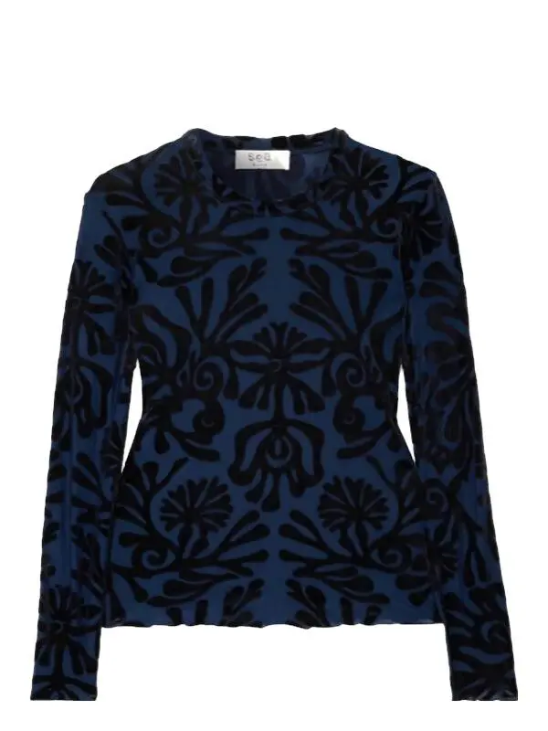 Sea Velvet Top With Abstract Floral Pattern - Black