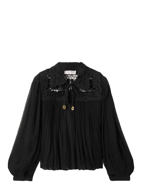 Sea Lace-trimmed Crinkled Crepon Blouse - Black