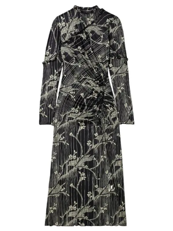 Sea Wrinkled Printed Mid-length Dress - Black