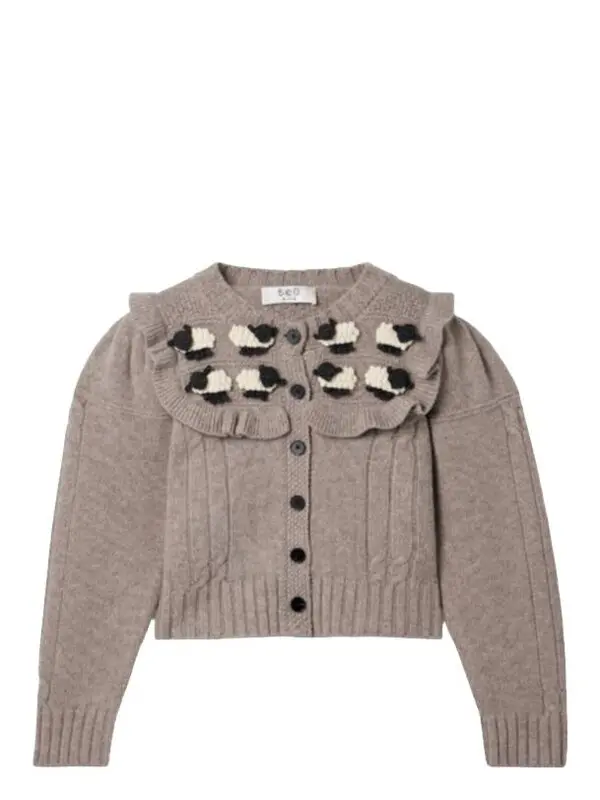 Sea Appliquéd Cable-knit Wool Cardigan - Nude