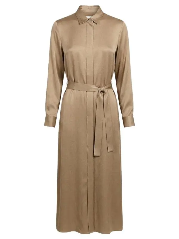 Peserico Long Sleeve Belted Midi Shirt Dress - Gold Beige