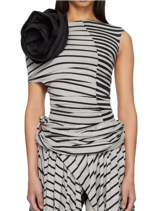 Vaquera Striped Draped Floral Appliqué Top - Gray