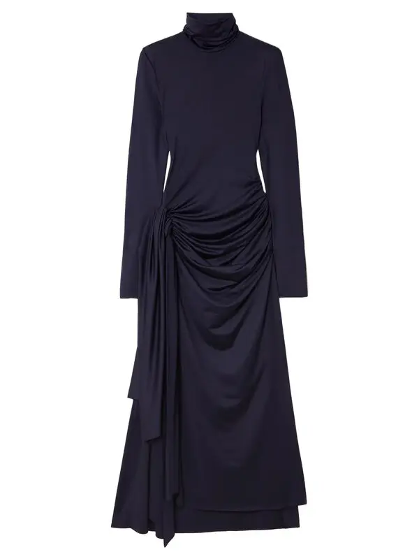 Victoria Beckham Gathered Draped Jersey Turtleneck Midi Dress - Black
