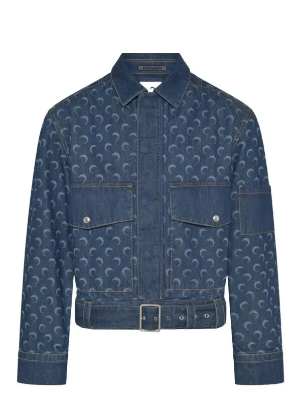 MARINE SERRE Belted Moon-print Denim Jacket - Blue
