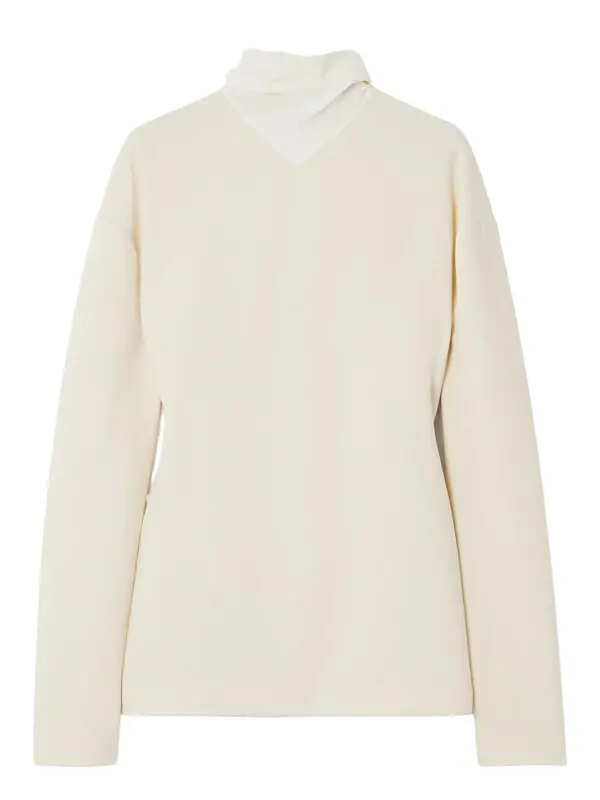 Carven Fringed Scarf-detailed Silk-trimmed Wool-blend Blouse - White