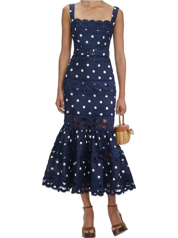 SELF-PORTRAIT Polka Dot Scallop Trim Belted Midi Dress - Navy Blue