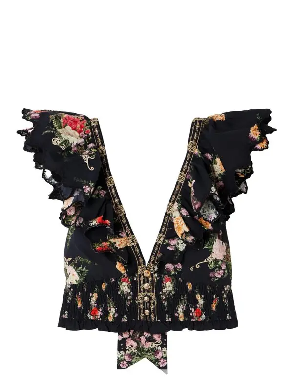 Camilla Floral Printed Ruffled Top With Embellishments - Black