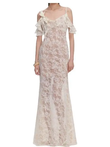 SELF-PORTRAIT Lace Maxi Dress With Ruffled Cowl Neckline - Cream