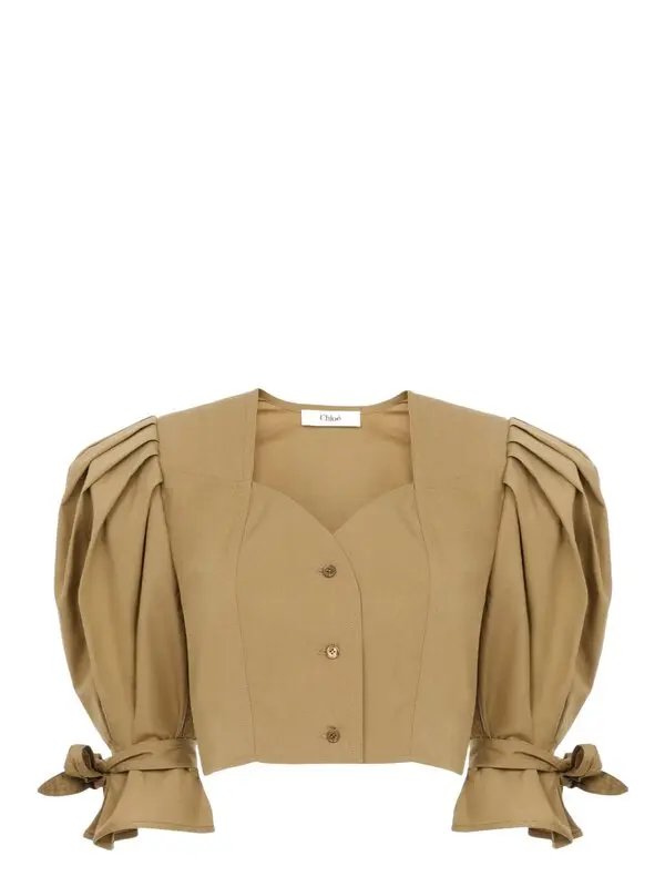 Chloé Cropped Puff-sleeve Top With Tie Cuffs - Nude