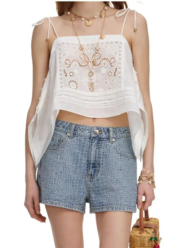 SELF-PORTRAIT Lace Tie-strap Top - White