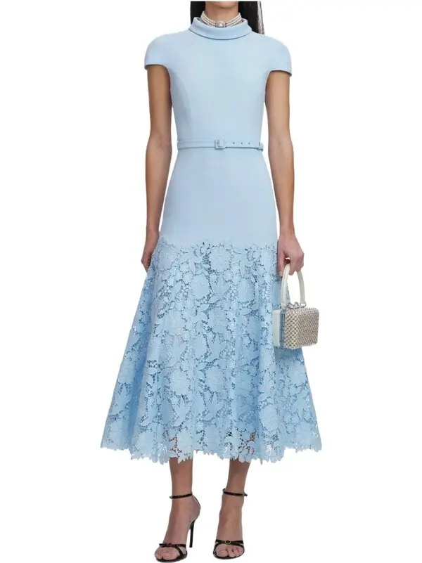 SELF-PORTRAIT Crepe Lace Midi Dress With High Neck And Belt - Blue