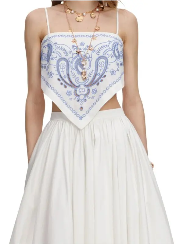 SELF-PORTRAIT Paisley Embroidered Tie Top - White/blue