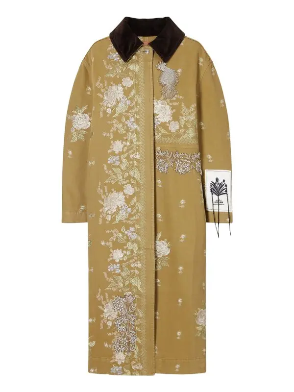 Erdem Embellished Floral Embroidered Corduroy-trimmed Denim Coat - Green