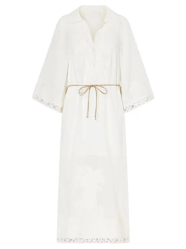 Zimmermann Indra Embroidered Belted Ramie Maxi Dress - White