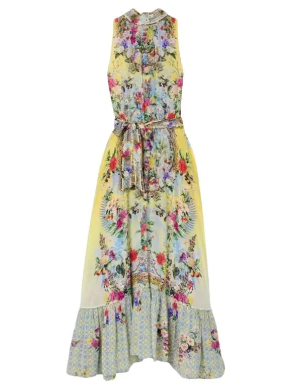 Camilla Silk Georgette Maxi Dress With Tropical Print And Crystal Embellishments - Gray