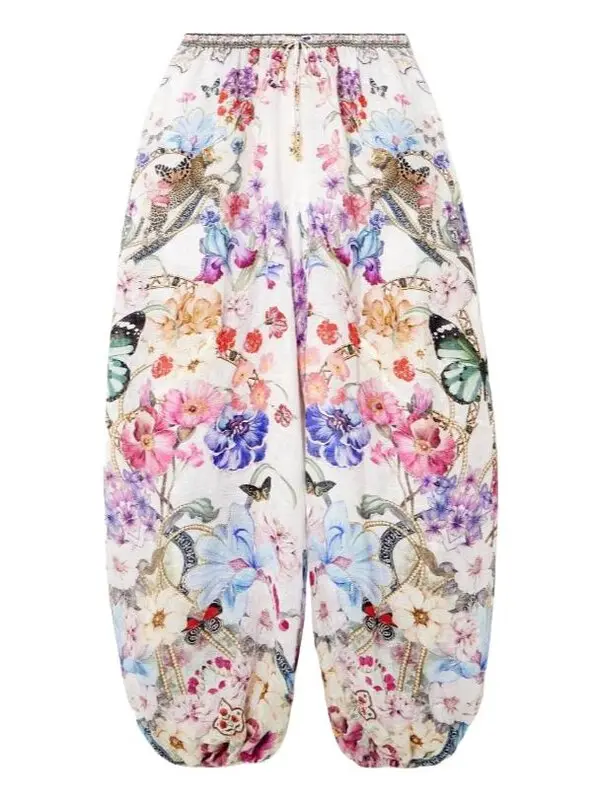Camilla Printed Tapered Linen Pants - White