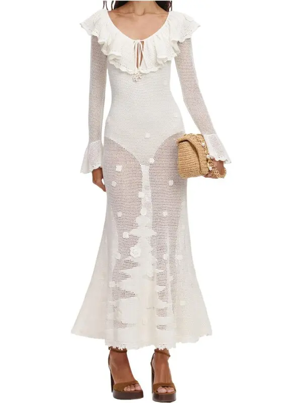 SELF-PORTRAIT Crochet Floral Embellished Midi Dress - White