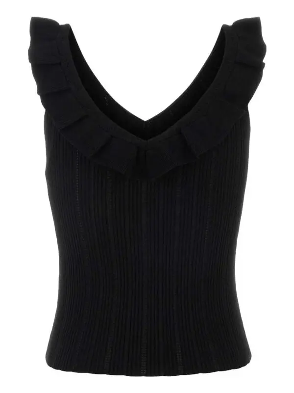 Blumarine Ribbed Knit V-neck Top With Ruffles - Black
