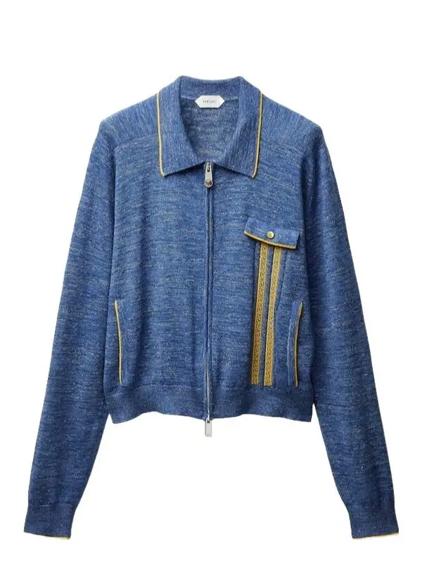 Versace Knitted Zipped Cardigan With Greca Motif - Blue