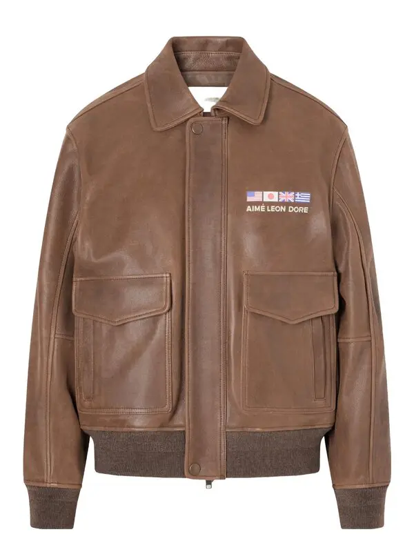 Aimé Leon Dore Worlds Borough Leather Bomber Jacket - Brown