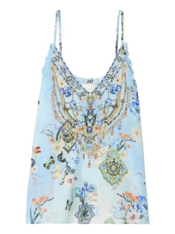 Camilla Printed Spaghetti Strap Tank Top With Crystal Embellishments - Multicolor