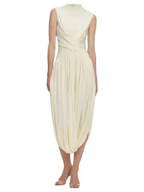 SELF-PORTRAIT Asymmetrical High Neck Midi Wrap Dress - Yellow