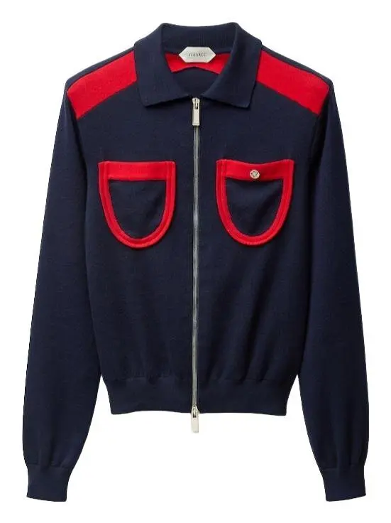Versace Long-sleeved Zipped Cardigan With Medusa Hardware - Blue