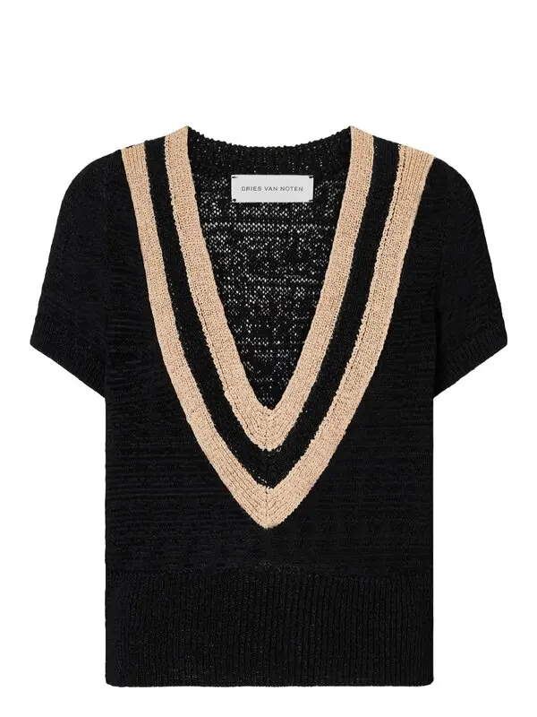 Dries Van Noten V-neck Knit Sweater With Contrasting Piping - Black