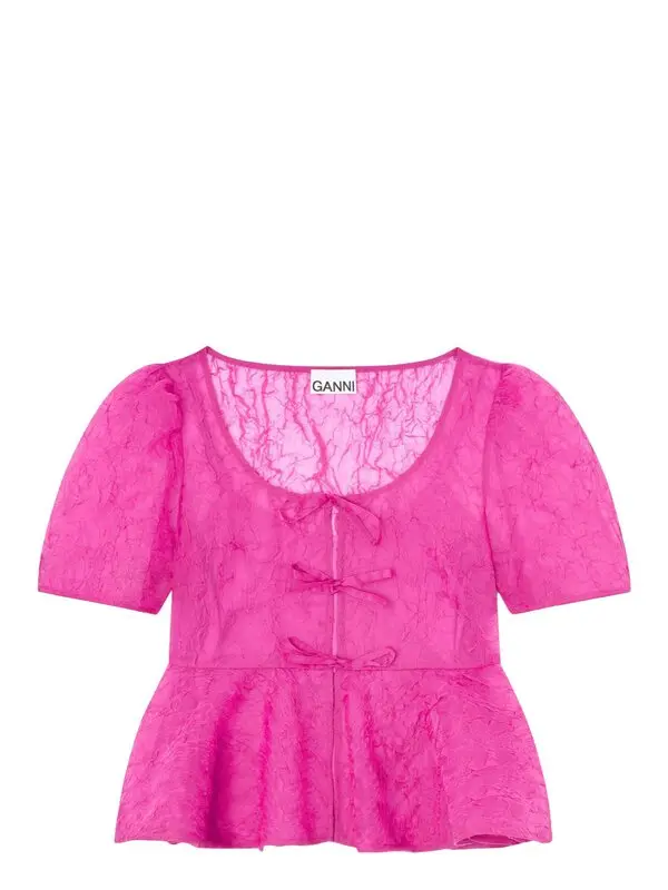 GANNI Shibori Organza Peplum Top - Raspberry Rose