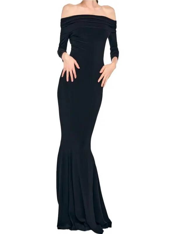Norma Kamali 3/4 Sleeve Cowl Fishtail Gown - Black