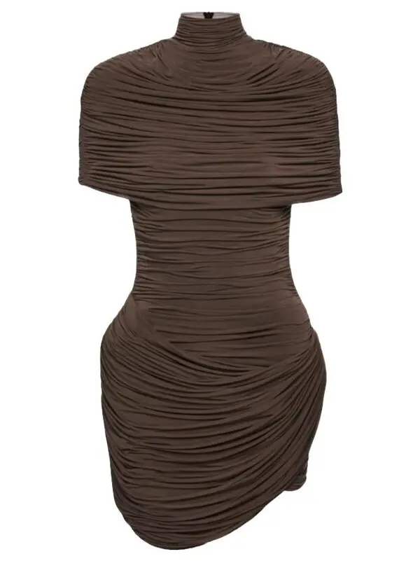 Magda Butrym High-neck Draped Mini Dress With Cape Detail - Brown