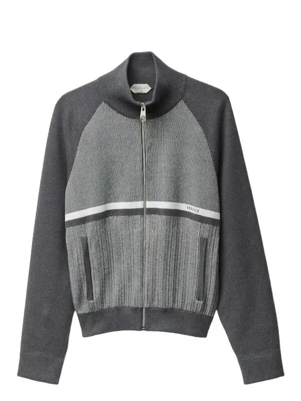 Versace Embroidered Jacquard Knitted Zipped Cardigan - Grey