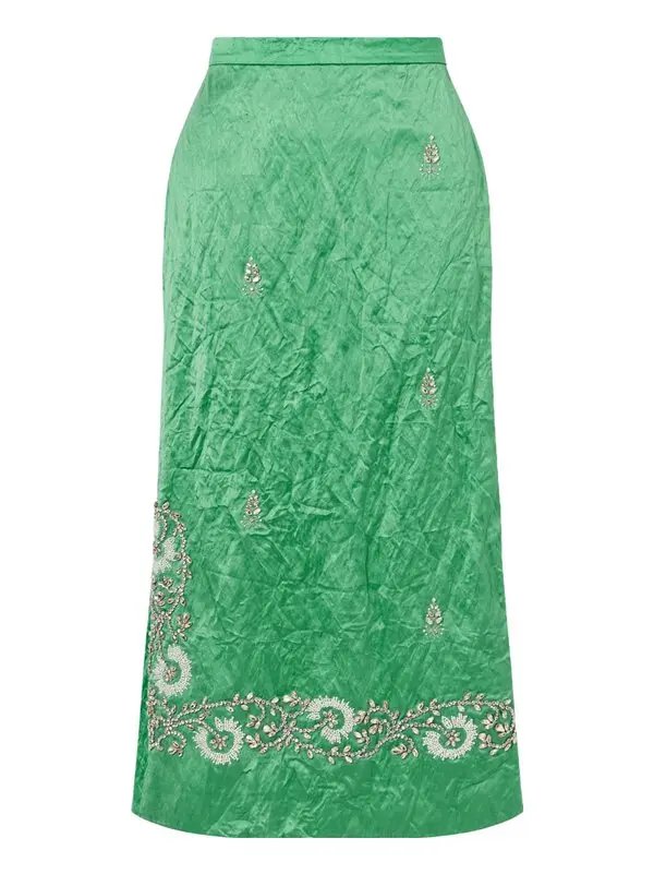 Erdem Floral Embroidered Crinkled Satin Midi Skirt - Green
