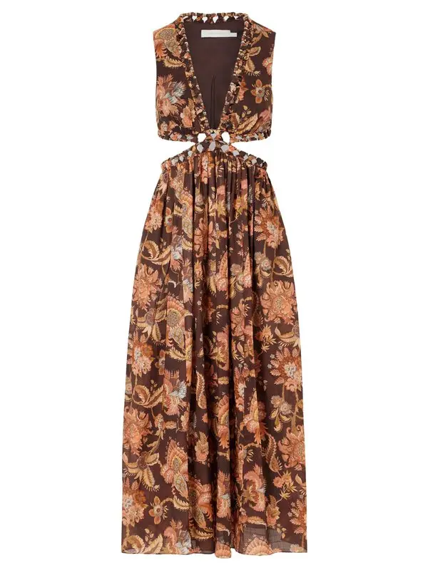 Zimmermann Aster Cut-out Printed Cotton Midi Dress - Brown