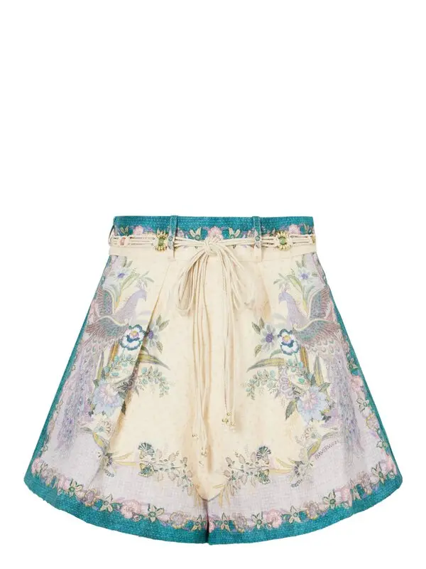 Zimmermann Indra Belted Floral Print Linen Shorts - Nude