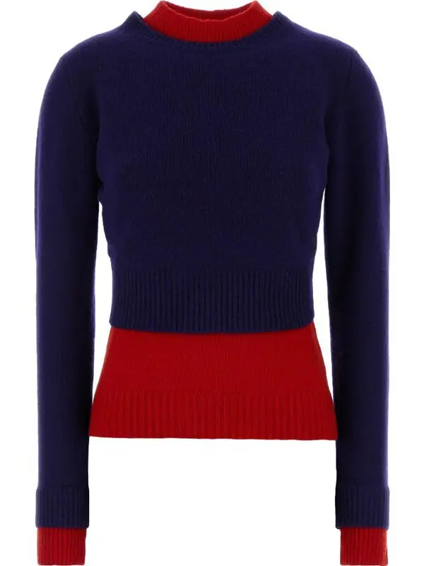 JIL SANDER Double Layer Mock Neck Knitted Sweater - Navy Blue