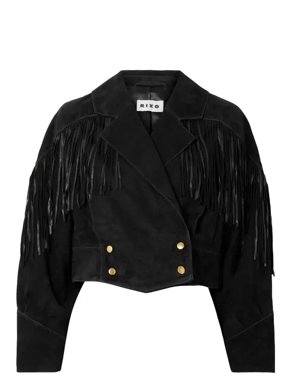 Rixo Darragh Fringed Double-breasted Suede Jacket - Black