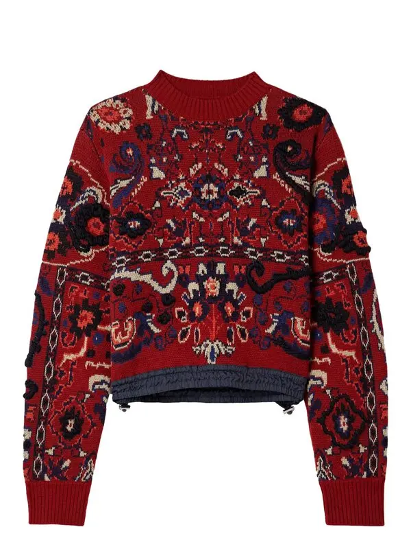 Sacai Embroidered Jacquard-knit Wool Sweater With Shell Trim - Red
