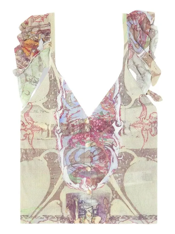 DIESEL® M-fiore Medieval Printed Ruffle-shoulder Knitted Top - Beige