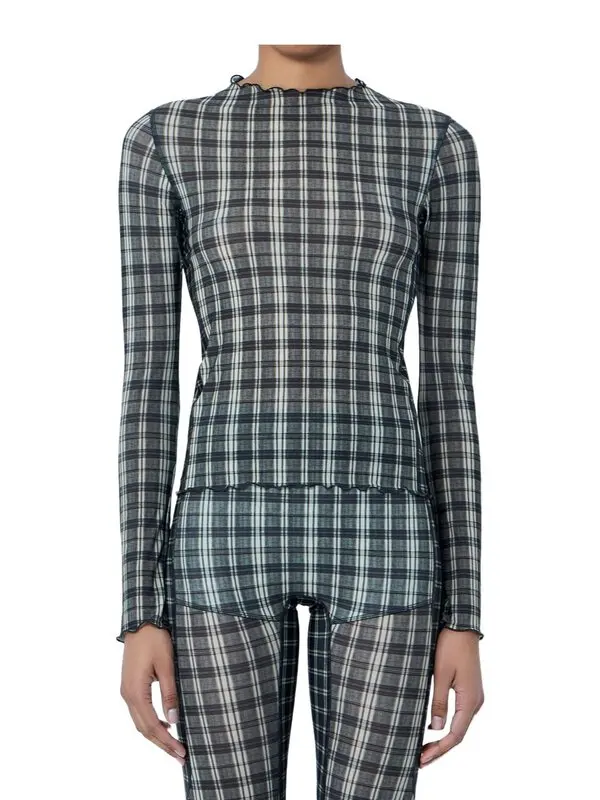 KNWLS Halcyon Plaid Sheer Long Sleeve Top - Black
