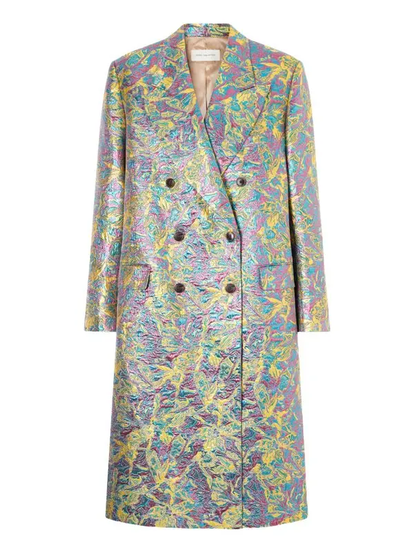 Dries Van Noten Double-breasted Metallic Floral-jacquard Long Coat - Nude