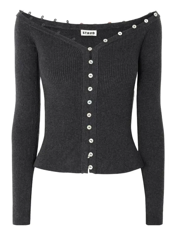 Staud Keaton Off-the-shoulder Ribbed Knit Cardigan - Dark Gray